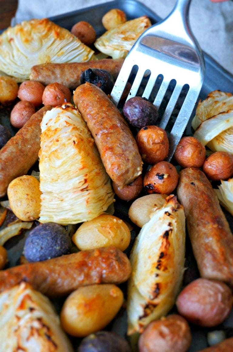 Baked Brats with Cabbage and Potatoes - Easy Sheet Pan Dinner